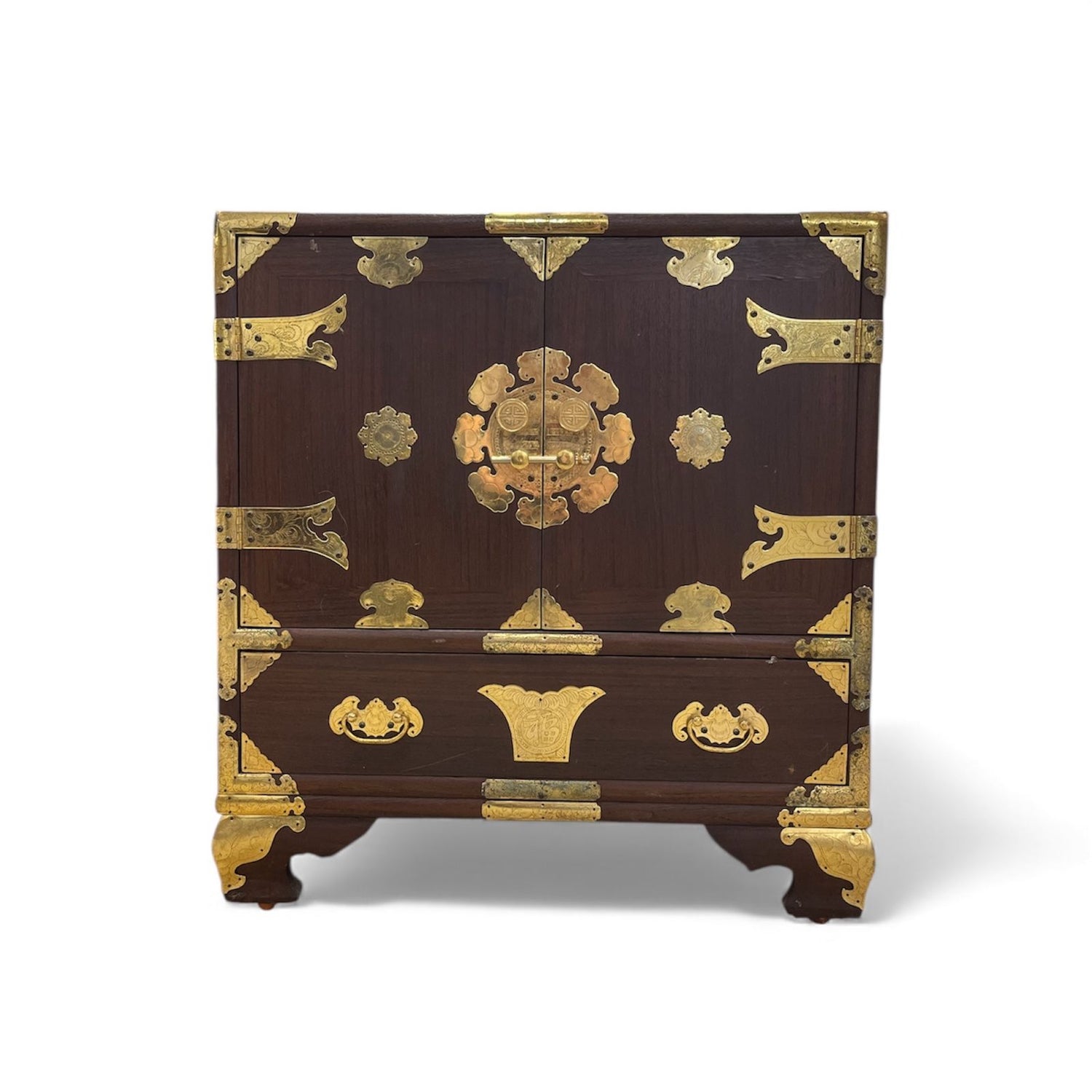 Vintage Korean Tansu Style Wood Burl Inlay Chest Cabinet Side Table Ho